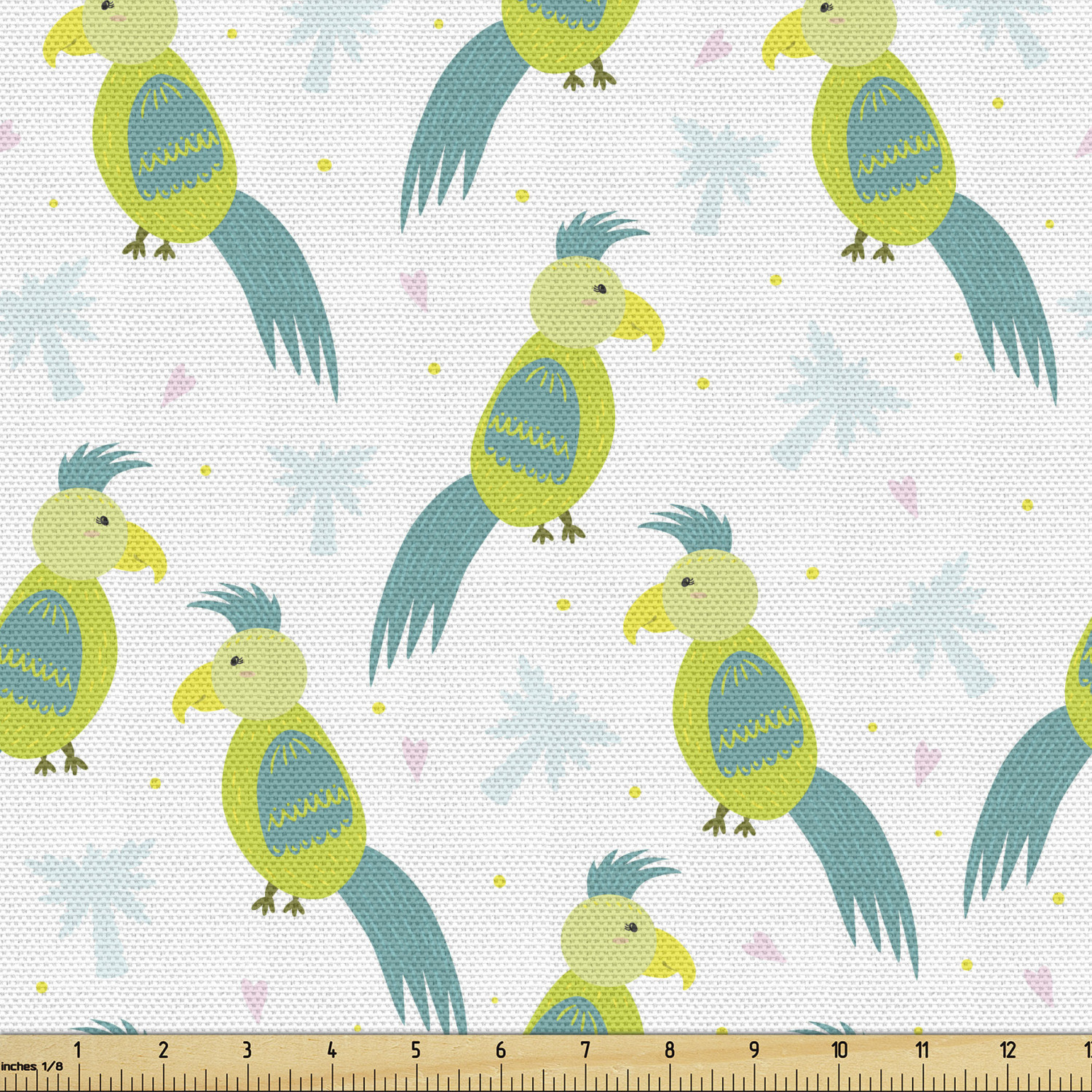 Bird Fabric by the Yard, Continuous Cuckatoo Palm Leaves and Hearts ...