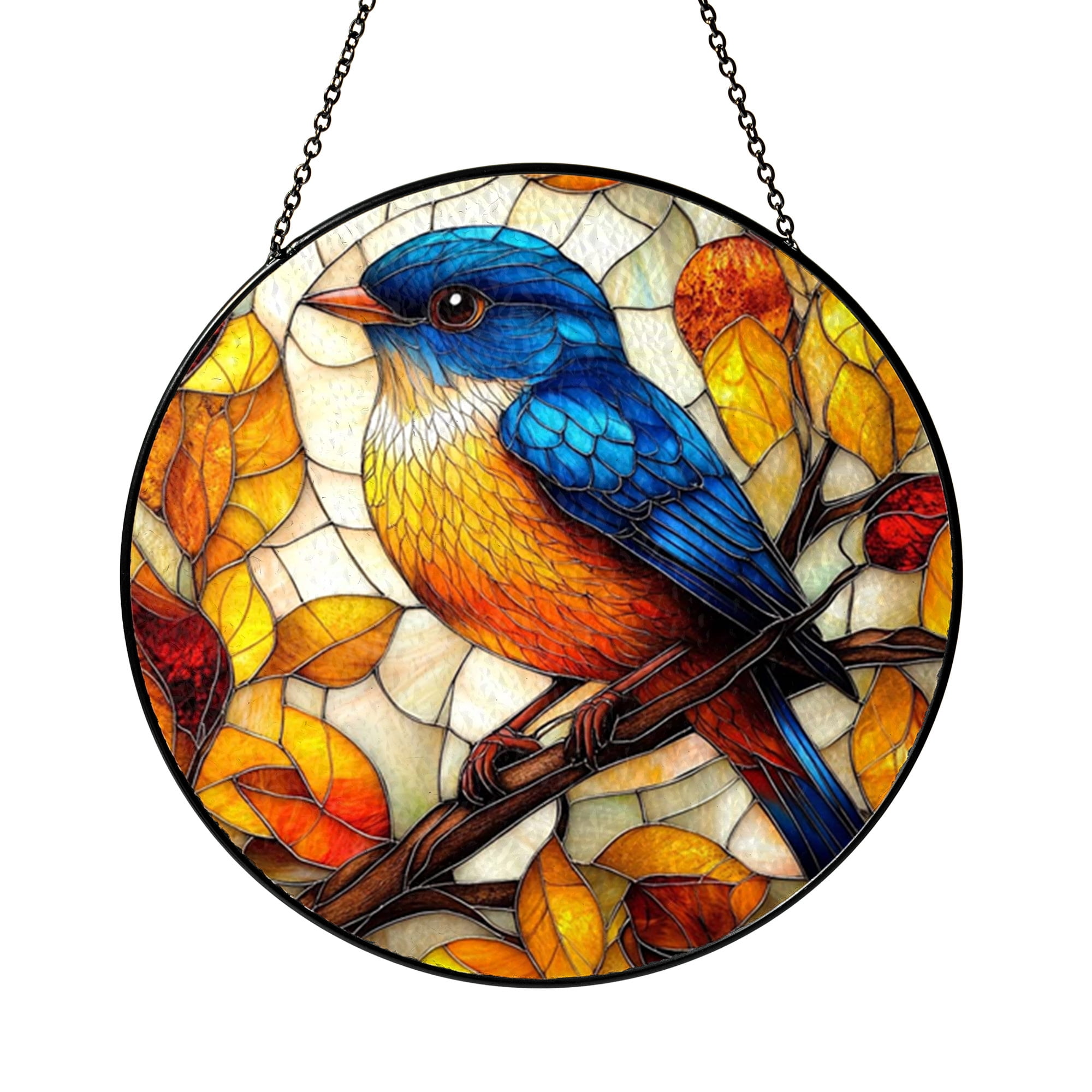 Bird Fall Scene Round Suncatcher – Stained Glass Style Window ...
