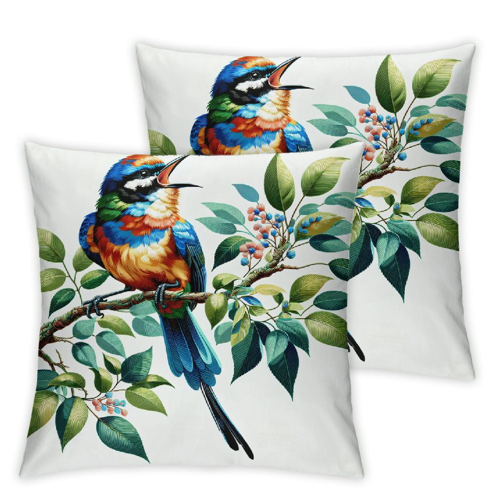 Bird Farmhouse Decor Singing on The Tree Branches Linen Throw Pillow ...
