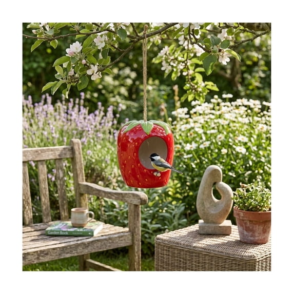 Modern Strawberry Window Bird Feeder for Yard Decor -Sleek Ceramic ...
