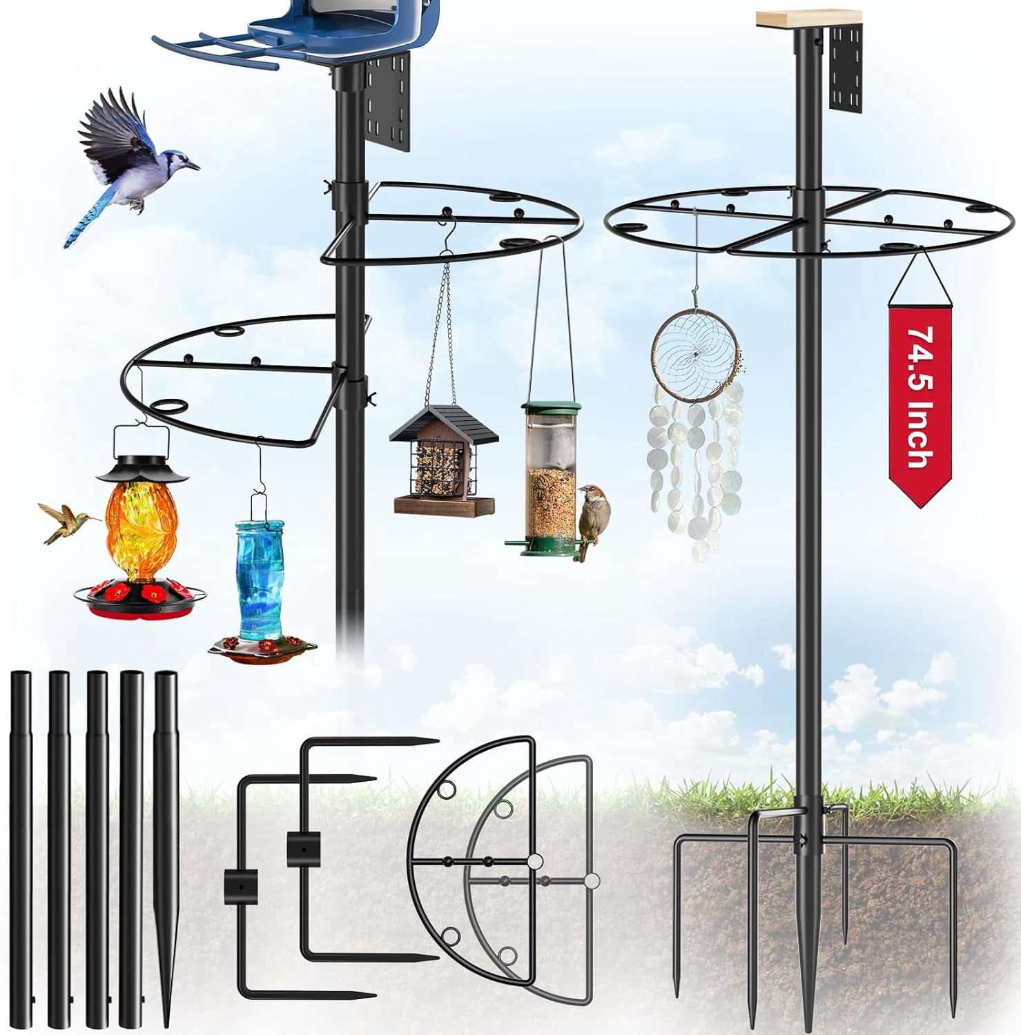 Bird Feeder Pole Stand - 74.5 inch Height Bird Feeding Station with ...