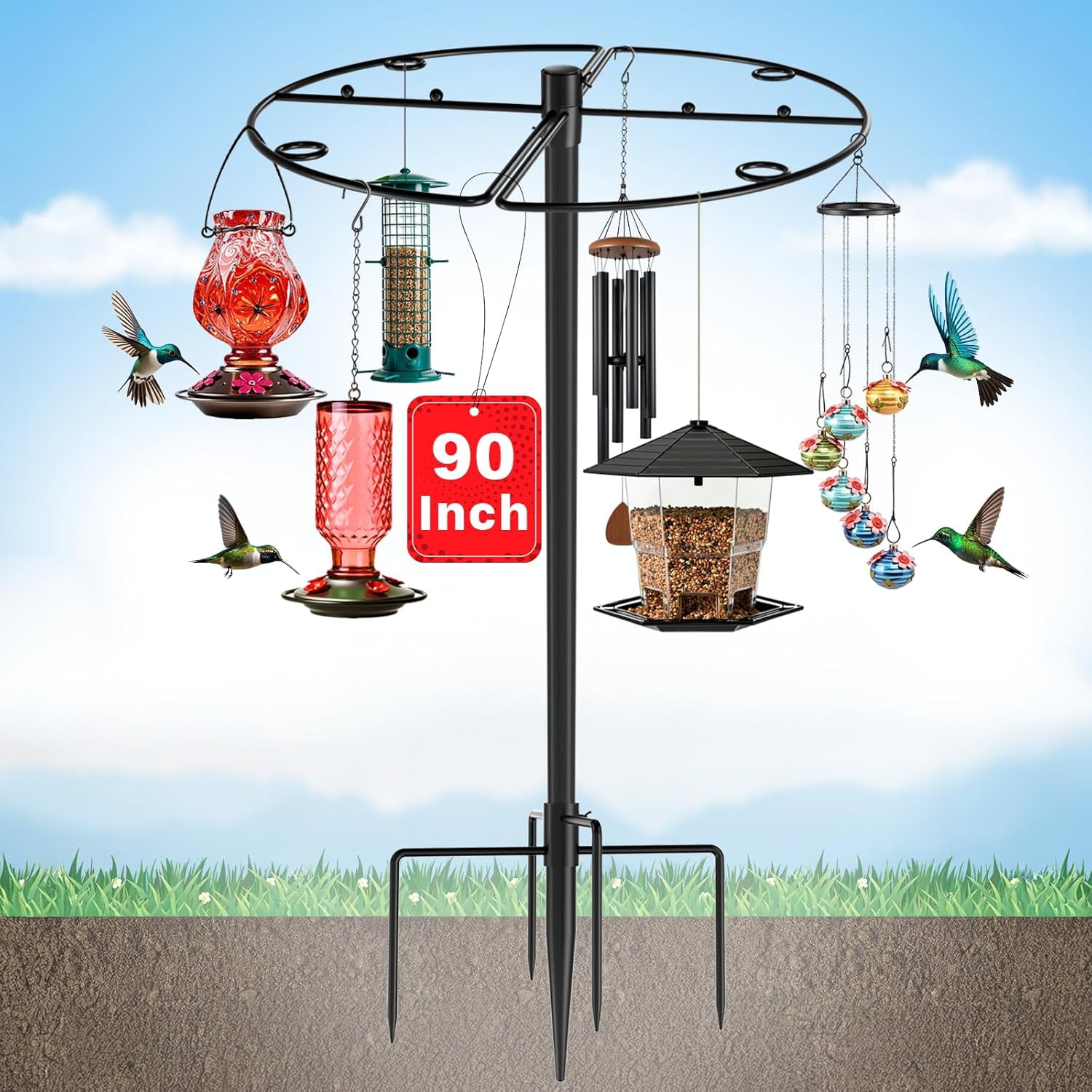 Bird Feeder Pole Stand - 90 Inch Bird Feeding Station with Semicircular ...