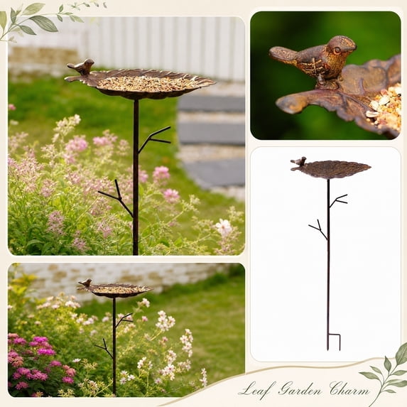 Bird Feeder Tray with Natural Leaf Design and Branch Stake for Outdoor ...