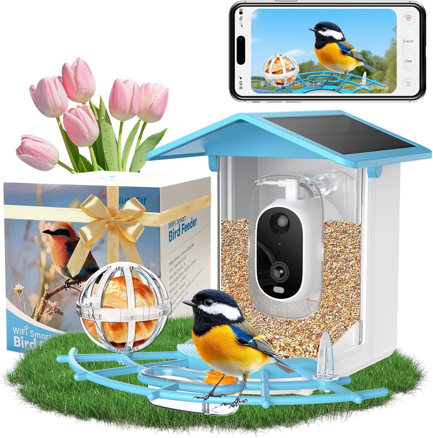 Bird Feeder with Camera, Solar-, Color Night Vision, 2.4GHz WiFi, AI Bird House with Cam, Live ...