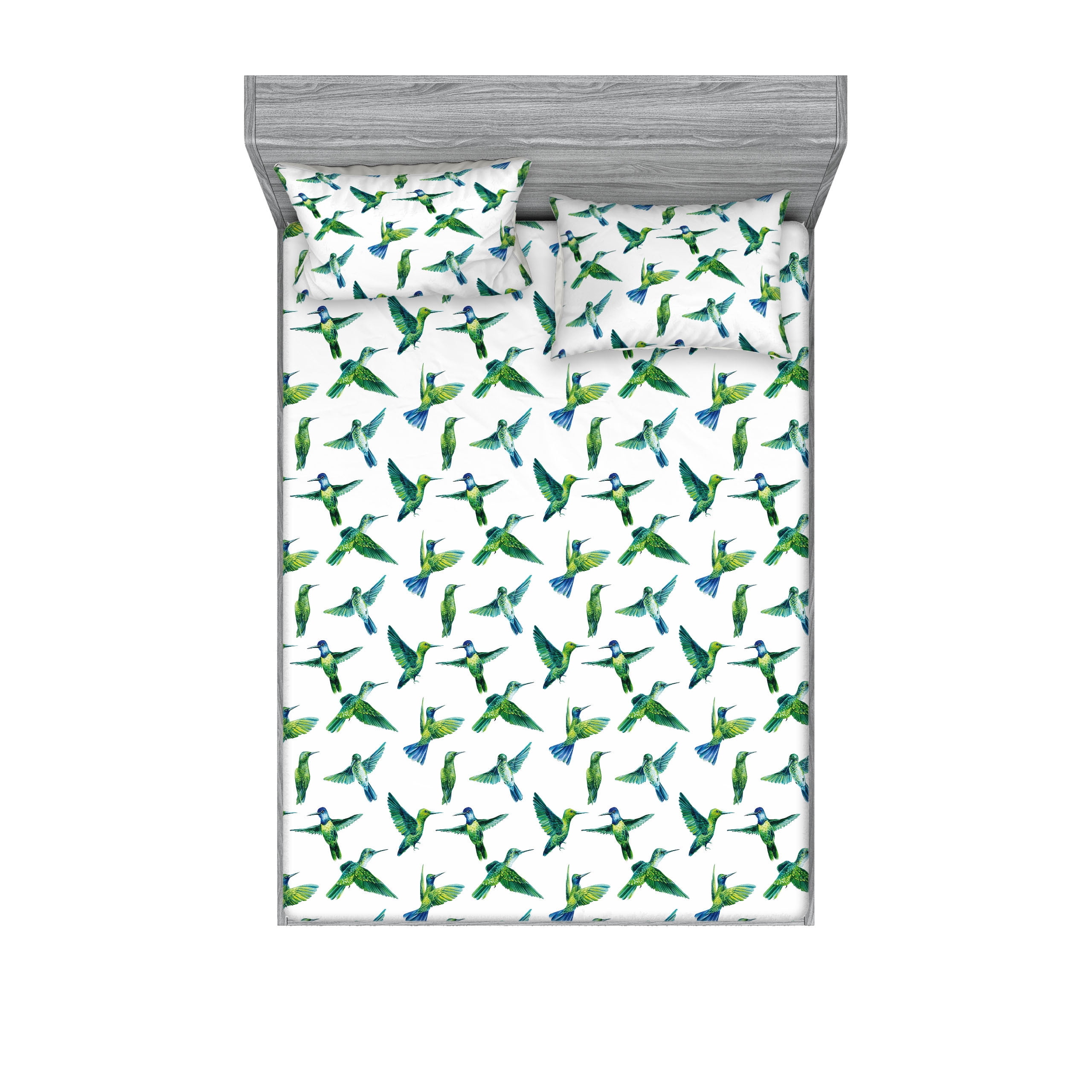 Bird Fitted Sheet & Pillow Sham Set, Hummingbird Flying in the Jungle ...