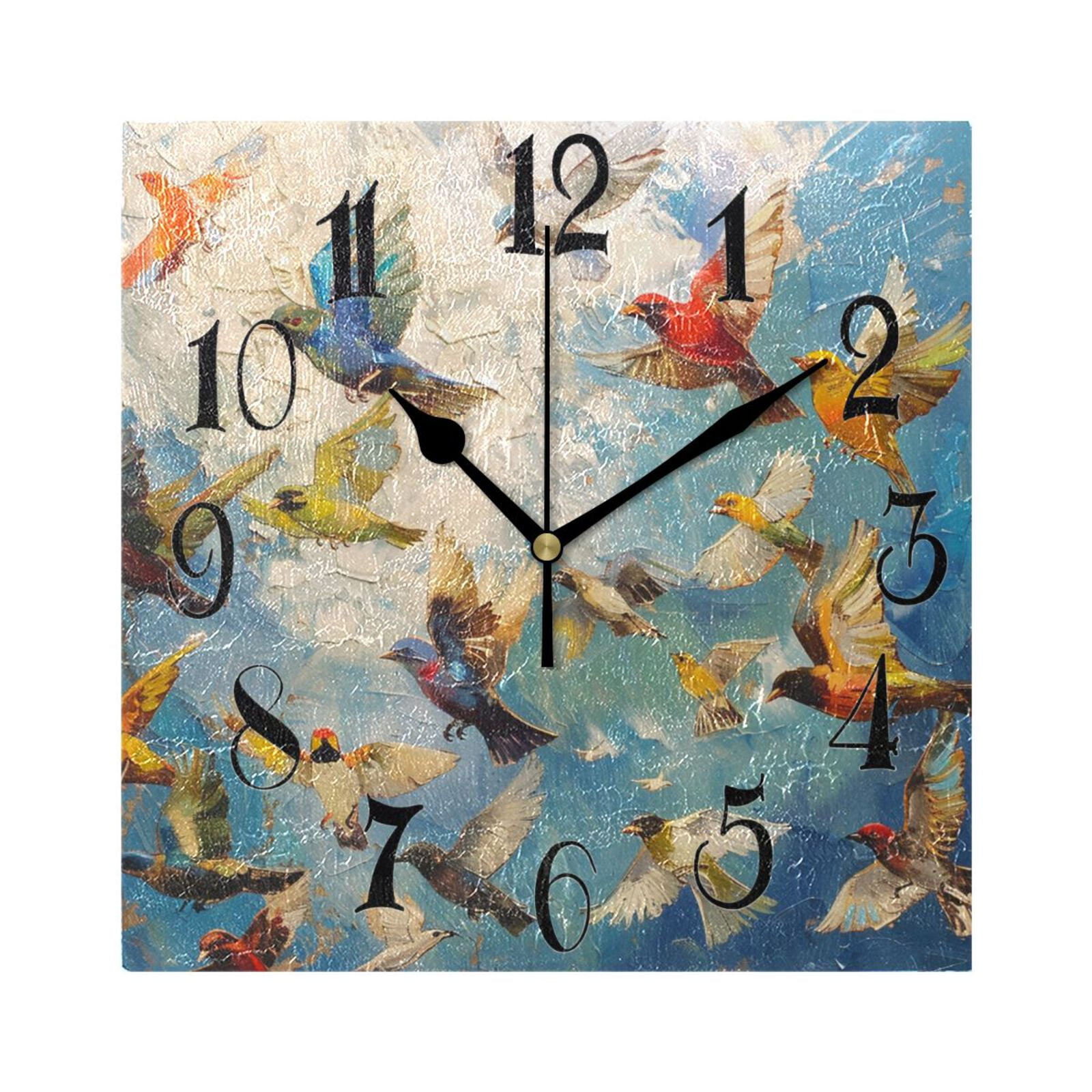 Bird Flock Wall Clock Decorative Square Silent Non-Ticking Operated ...