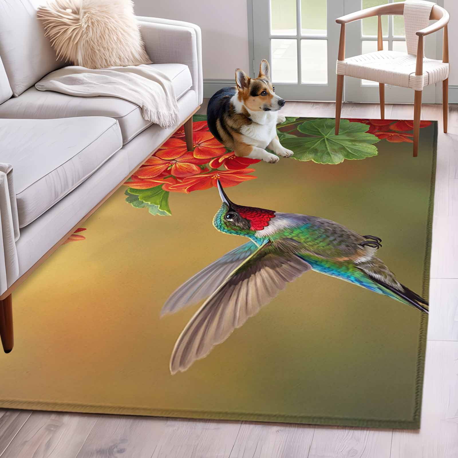 Bird Floral 3x5 Area Rugs for Living Room, Red Flower Hummingbird ...