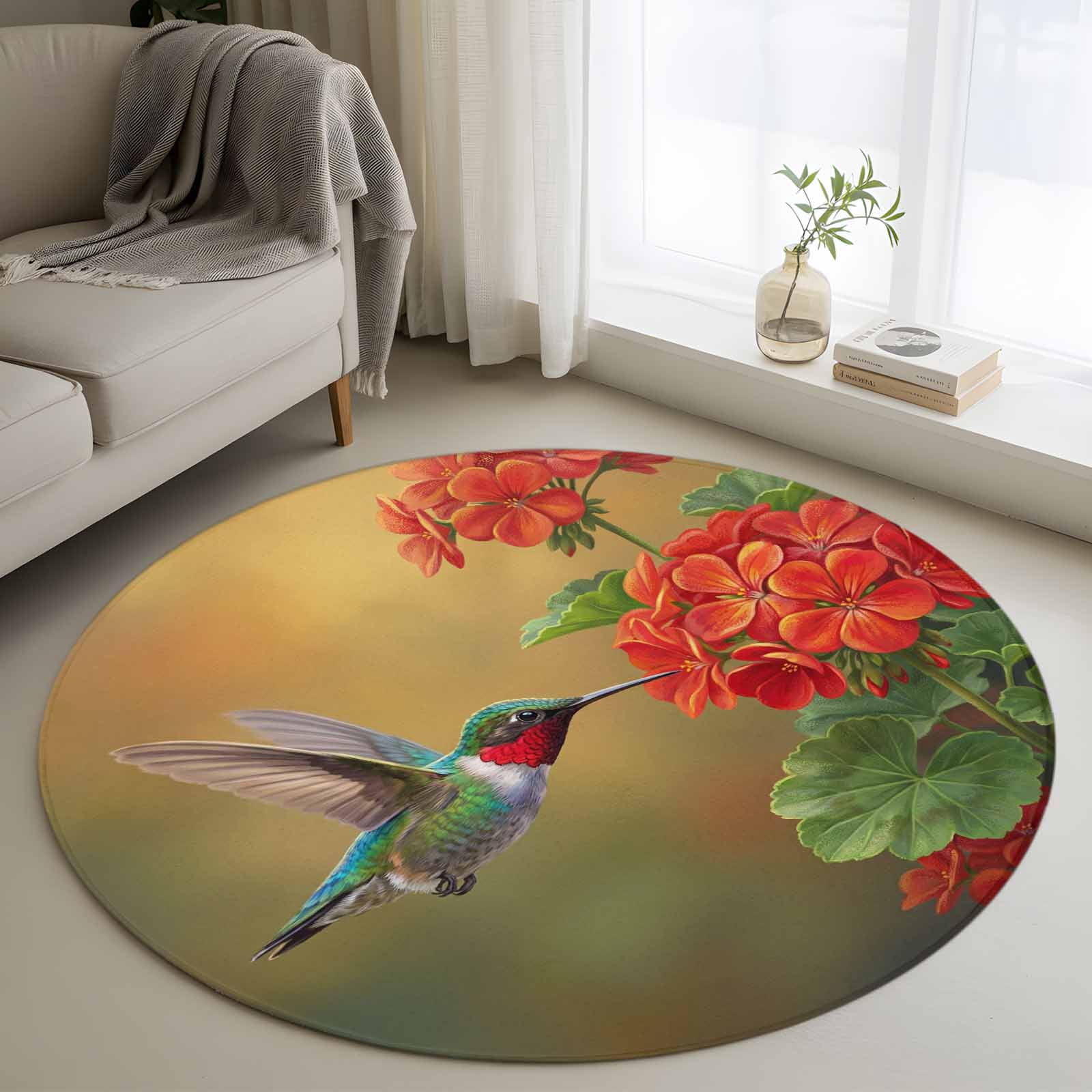 Bird Floral 4FT Round Area Rugs Red Flower Hummingbird Spring Plant ...