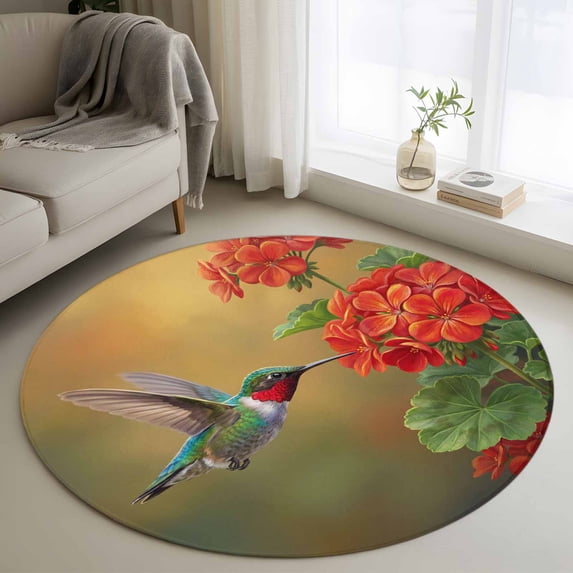 Bird Floral 4FT Round Area Rugs Red Flower Hummingbird Spring Plant ...