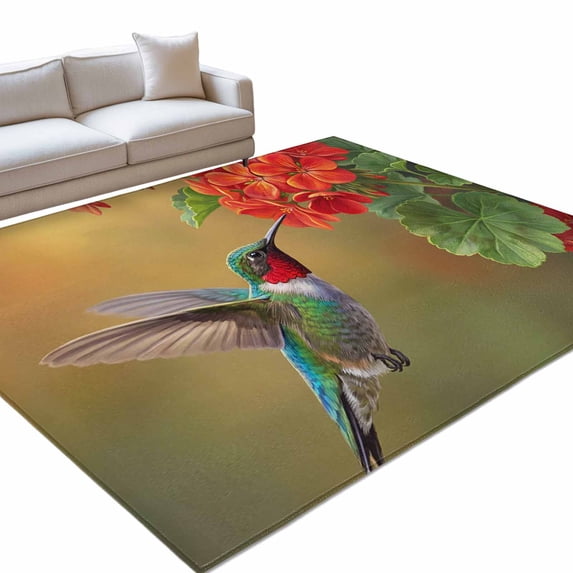 Bird Floral 4x6ft Non Slip Area Rug Red Flower Hummingbird Spring Plant ...