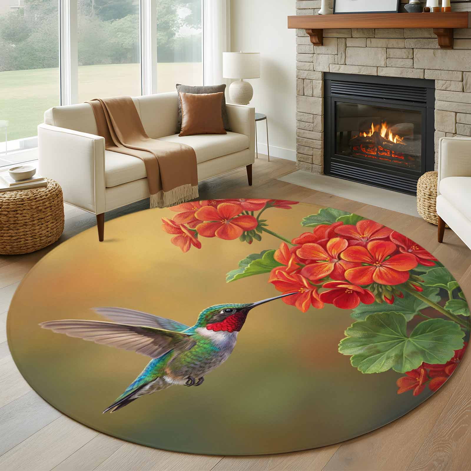 Bird Floral 6FT Round Area Rugs for Living Room Red Flower Hummingbird ...