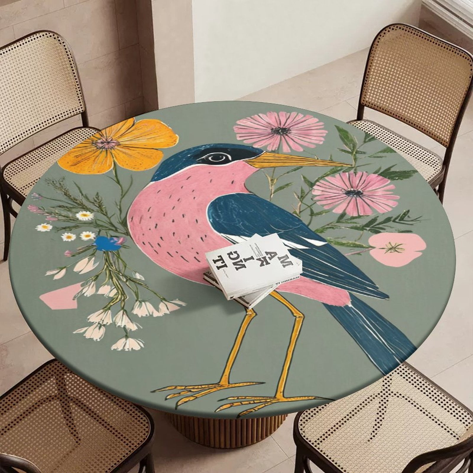 Bird Floral Art Print Round Table Cover Kitchen Printed Waterproof ...