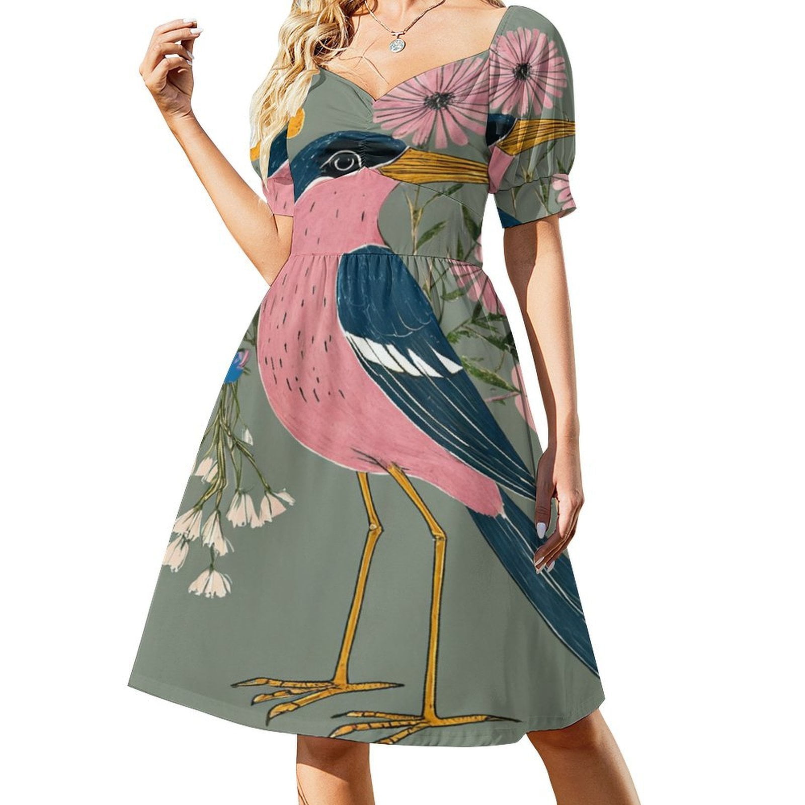 Bird Floral Art Print Short Sleeve Dress Clothes Women's Summer Dress ...