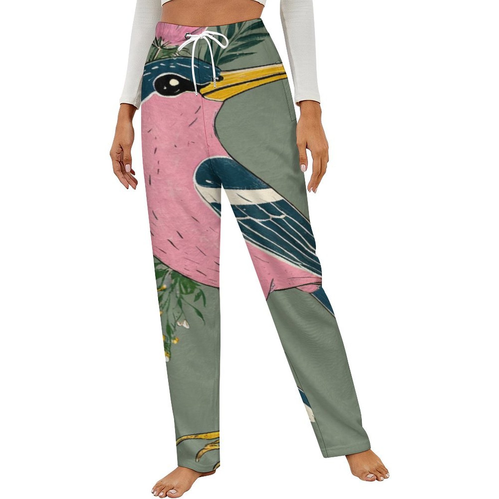 Bird Floral Art Print Winter Female Pants Flannel High Waist Women ...