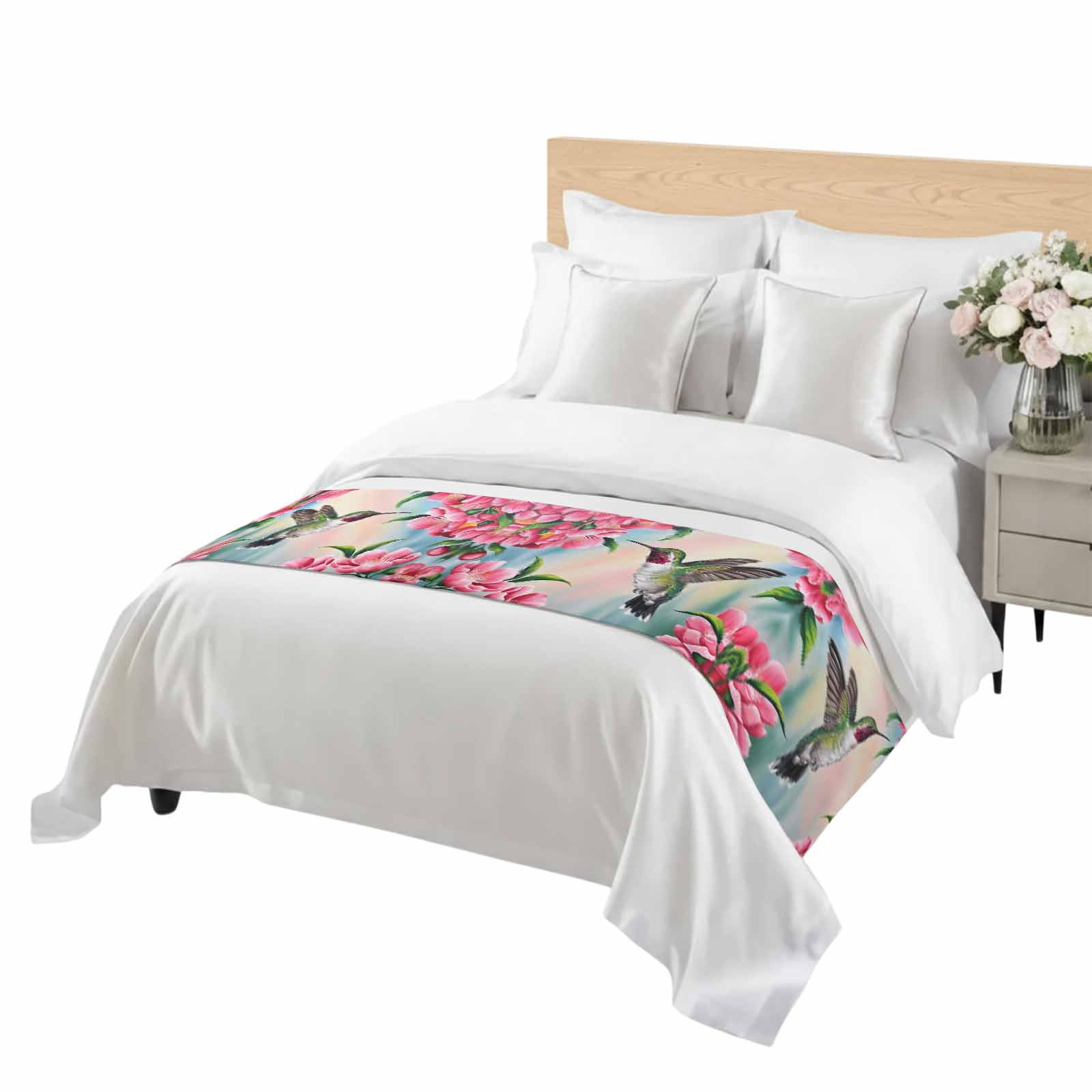 Bird Floral Bed Runner Cal King Size Hummingbird Spring Decorative Pink ...