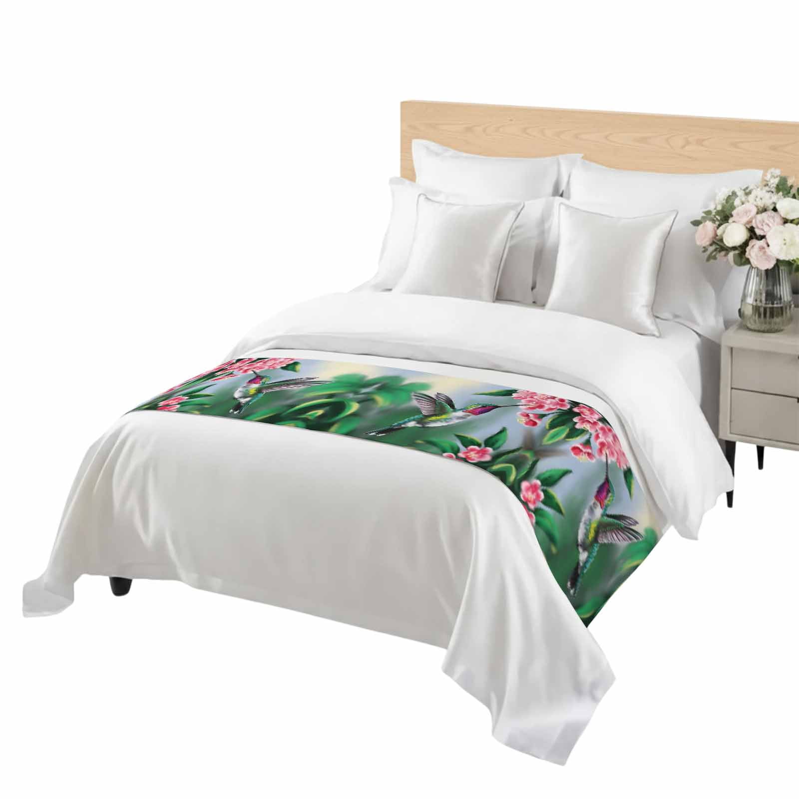 Bird Floral Bed Runner Queen Size Hummingbird Spring Decorative Green ...