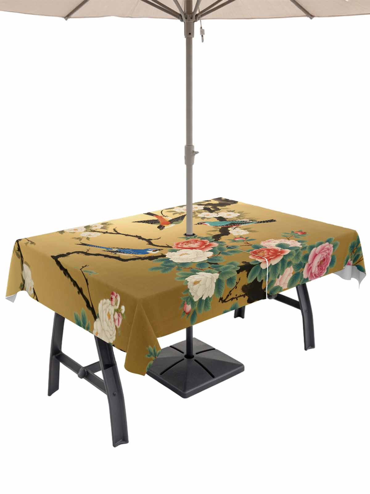 Bird Floral Branch Rectangle Outdoor Tablecloth with Umbrella Hole ...