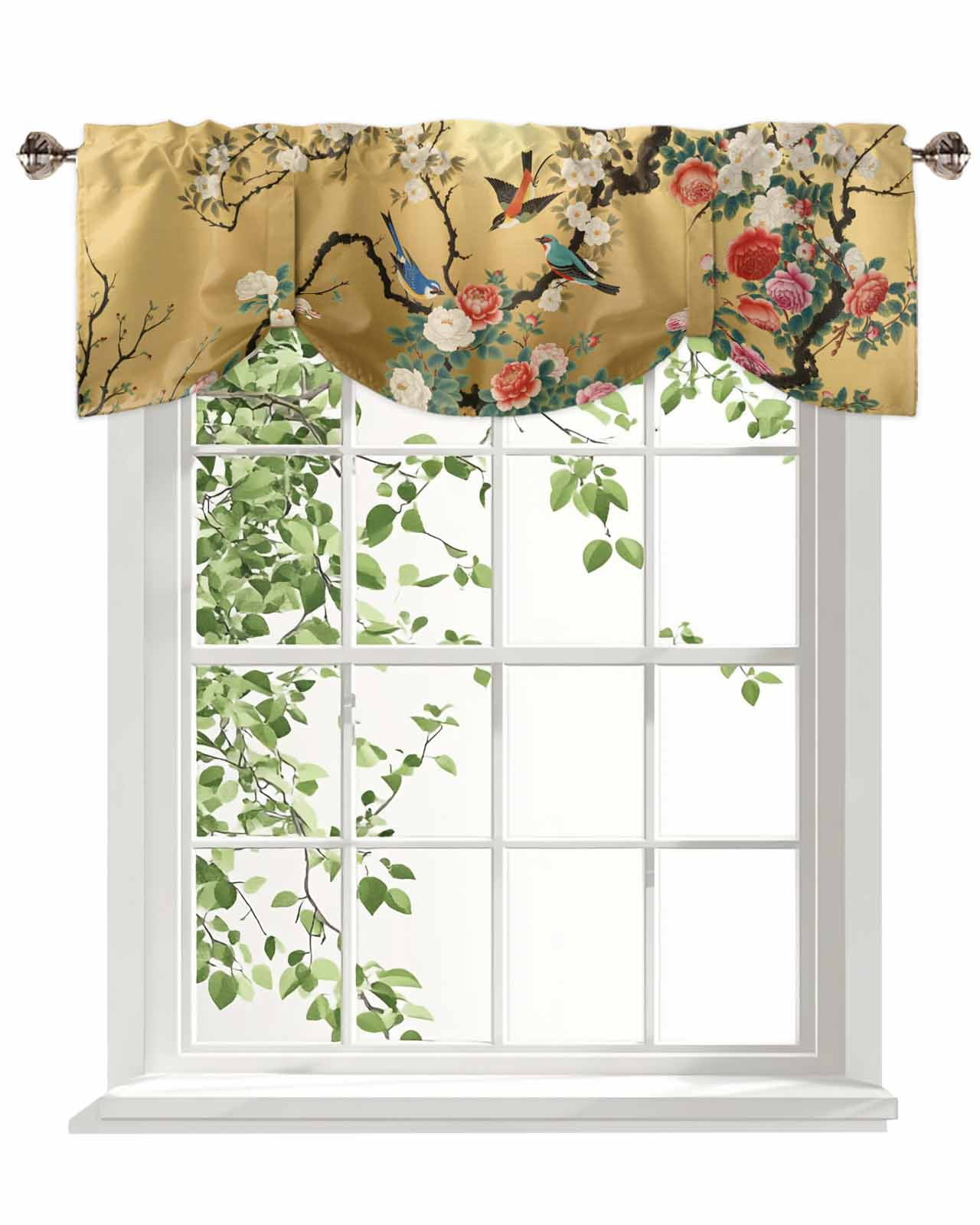 Bird Floral Branch Tie Up Valances Curtain, Adjustable Kitchen Vintage ...