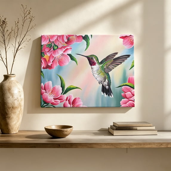 Bird Floral Canvas Wall Art, Hummingbird Spring Decorative Pink ...