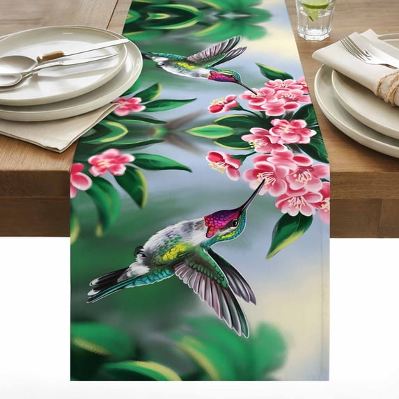 Bird Floral Cotton Linen Table Runner Hummingbird Spring Decorative ...
