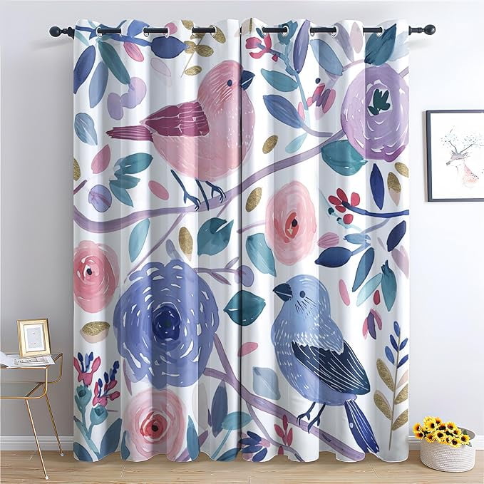 Bird Floral Curtains For Bedroom, Watercolor Floral Blackout Curtains ...