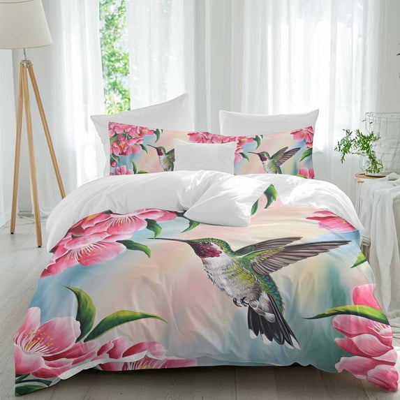 Bird Floral Full Duvet Cover Set, Hummingbird Spring Decorative Pink ...