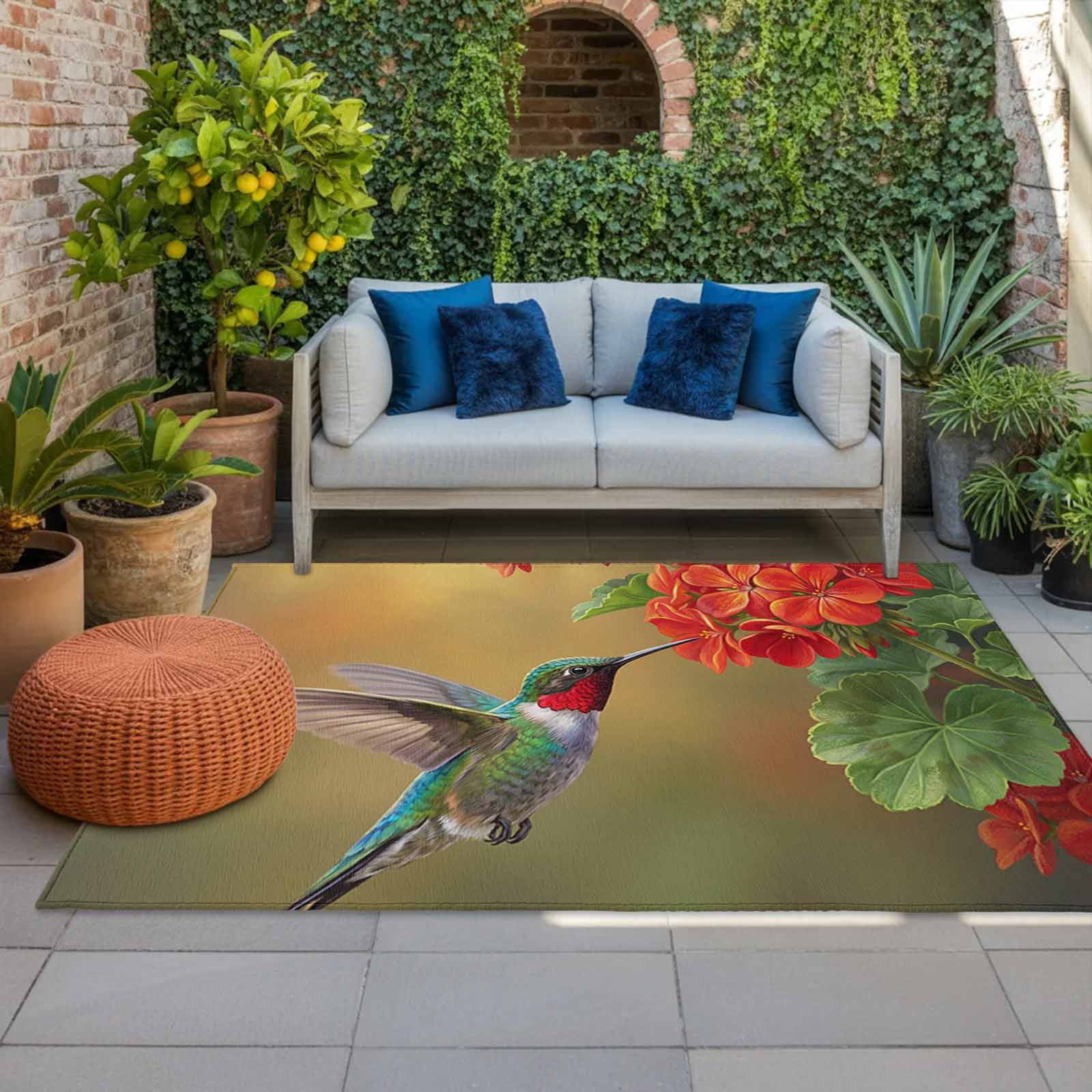 Bird Floral Indoor Outdoor Rugs 6x9 Ft, Red Flower Hummingbird Spring ...