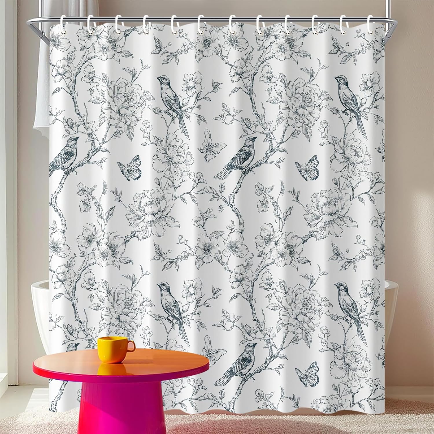 Bird Floral Shower Curtain Vintage French Style Bathroom Curtain with ...