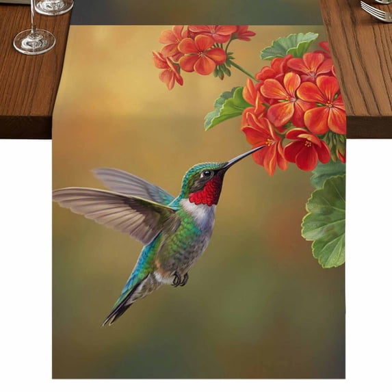 Bird Floral Table Runner 108 Inches Long, Red Flower Hummingbird Spring ...