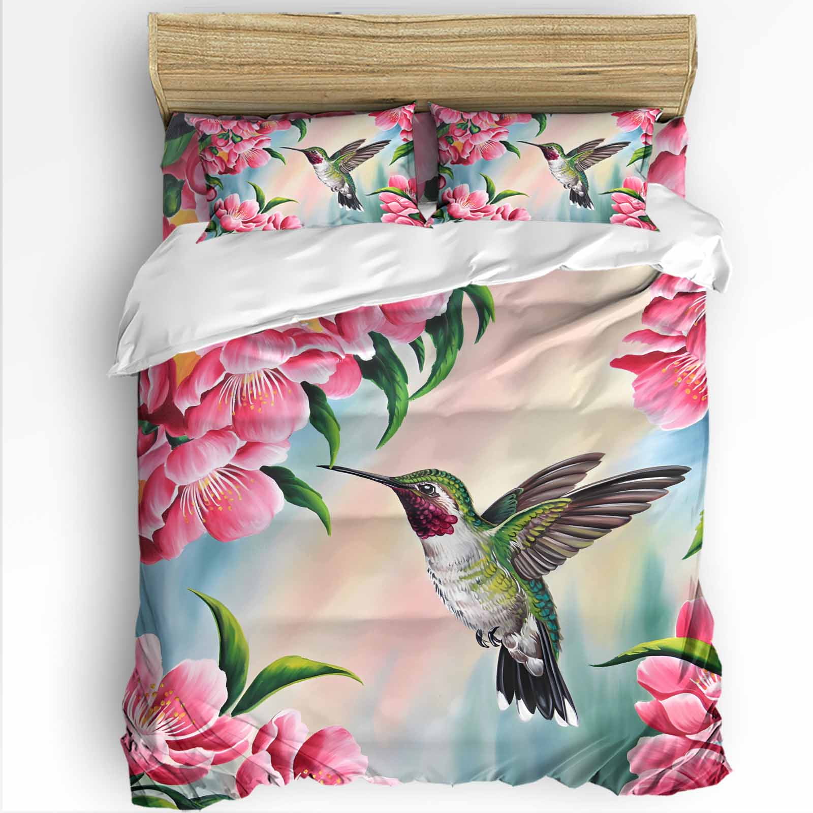 Bird Floral Twin Size Comforter Set, Hummingbird Spring Decorative Pink Background Soft Bedding ...