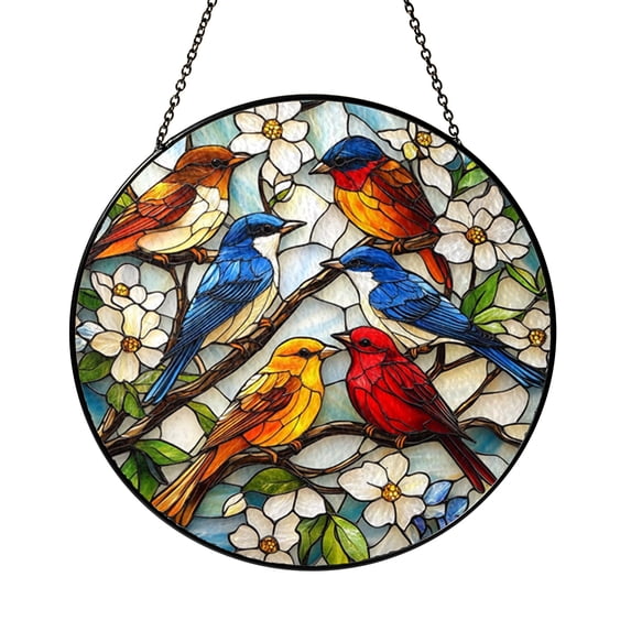 Bird Floral Wreath Botanical Garden Stained Glass Style Window ...