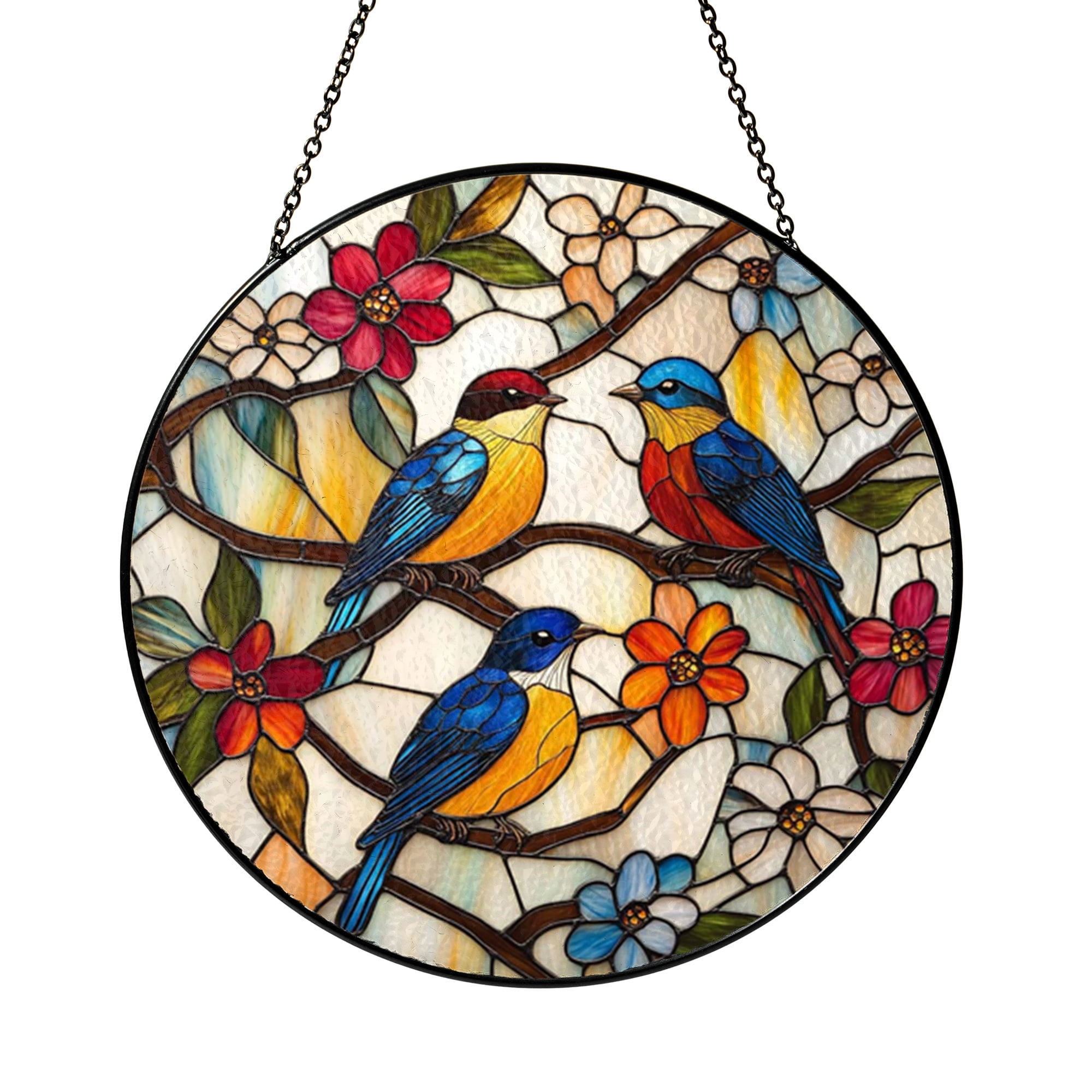 Bird Floral Wreath Garden Scene Stained Glass Style Window Hanging ...