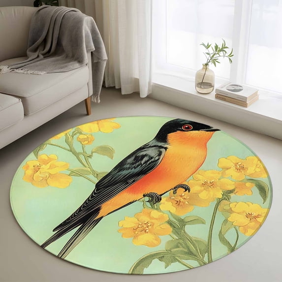 Bird Flower 4FT Round Area Rugs for Living Room Yellow Flowers Retro ...