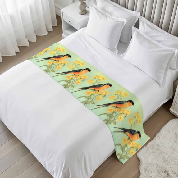 Bird Flower Bed Runner Scarf, Yellow Flowers Retro Watercolor King Bed ...