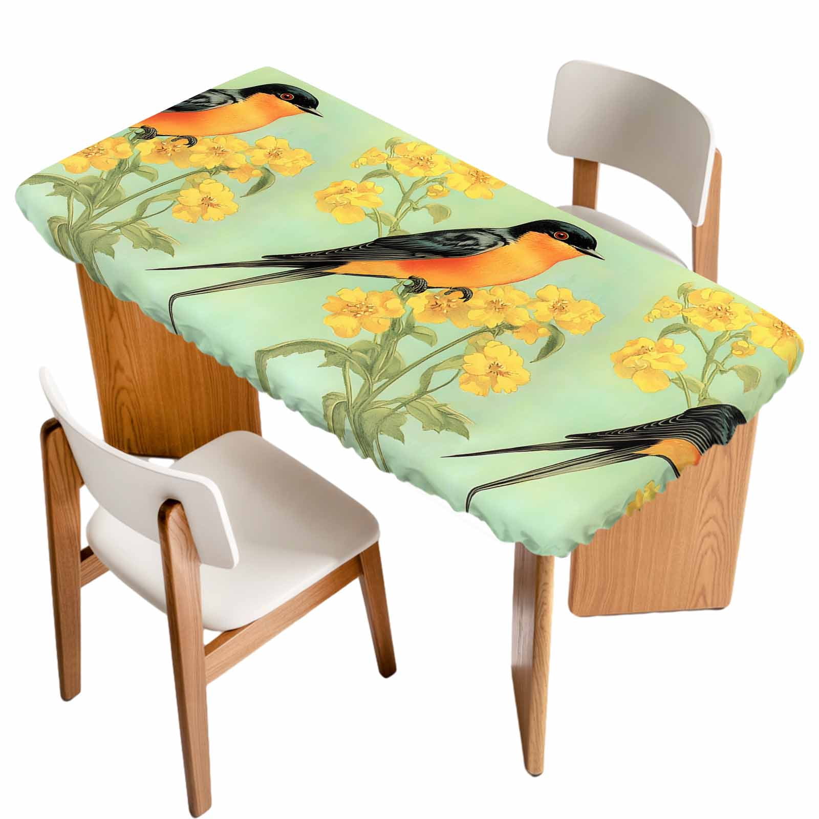 Bird Flower Fitted Rectangle Tablecloth 24" x 36" Yellow Flowers Retro ...