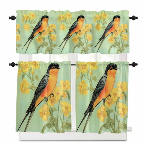 Bird Flower Kitchen Curtains Valance and Tier Set Yellow Flowers Retro ...