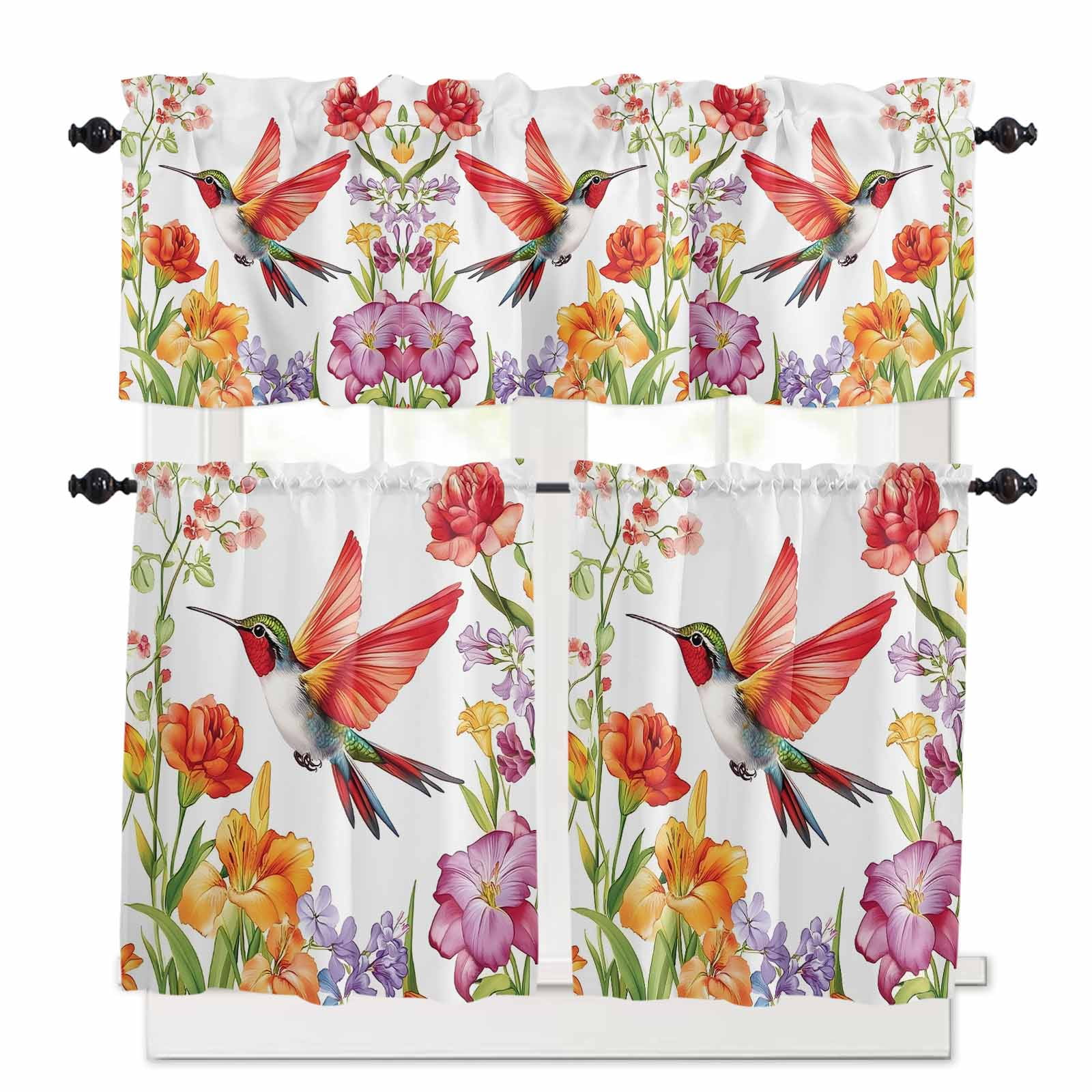 Bird Flower Kitchen Curtains Valances and Tiers Set of 3 Spring Floral ...
