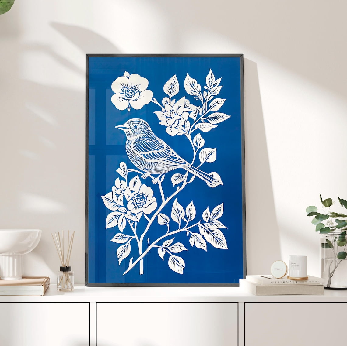 Bird Flower Linocut Wall Art Blue White Botanical Decor, Unframed Paper ...