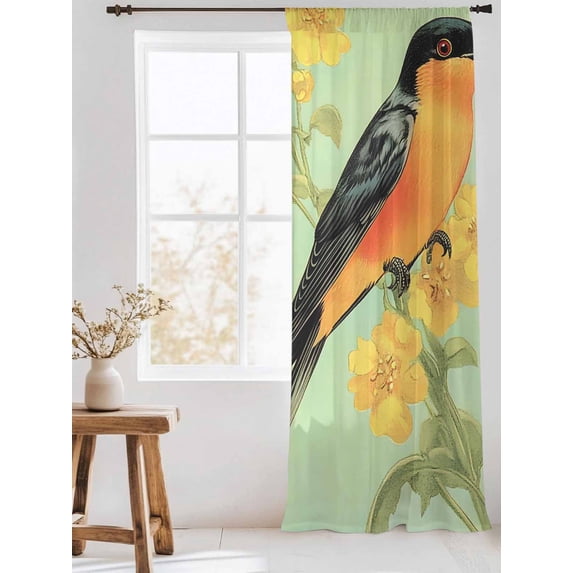Bird Flower Sheer Curtains 96 Inch Long 1 Panel Yellow Flowers Retro ...