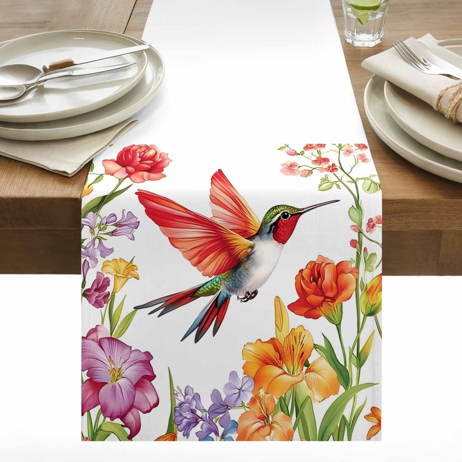 Bird Flower Table Runner 13x48 inch Spring Floral Cotton Linen Dining ...