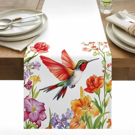 Bird Flower Table Runner 13x48 inch Spring Floral Cotton Linen Dining ...