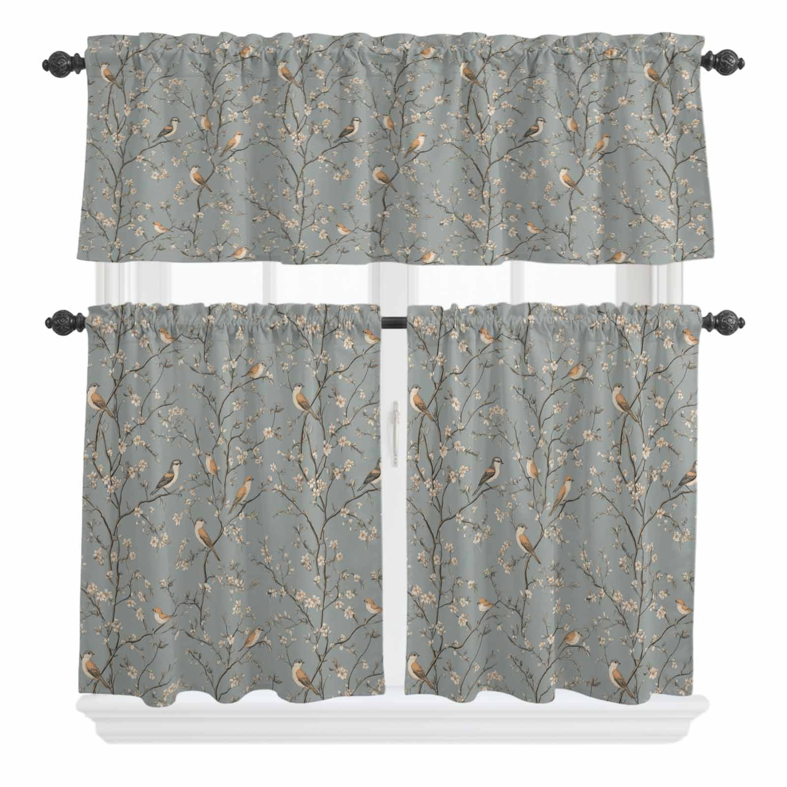 Bird Flowers Curtain Valances Set Branch Vintage Retro Kitchen Curtains ...