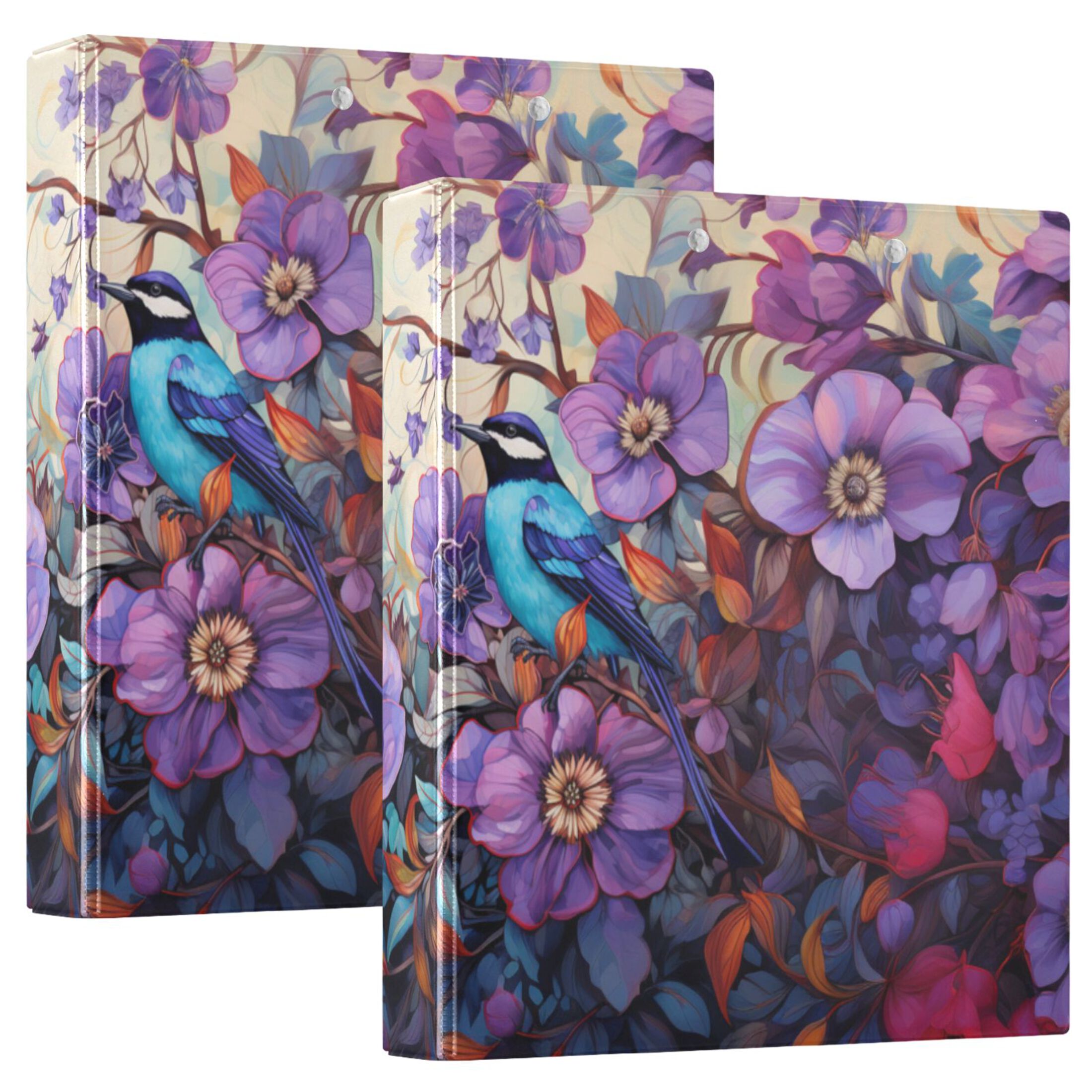 Bird Flowers Floral Purple 3 Ring Binders 1.5 inch Hardcover File Folders with Interior Pockets ...