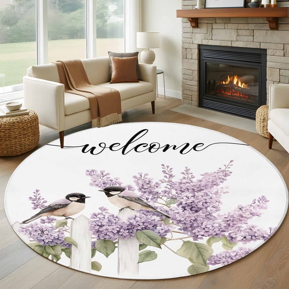 Bird Flowers Round Area Rug 6 FT, Non Slip Bedroom Rugs, Purple ...