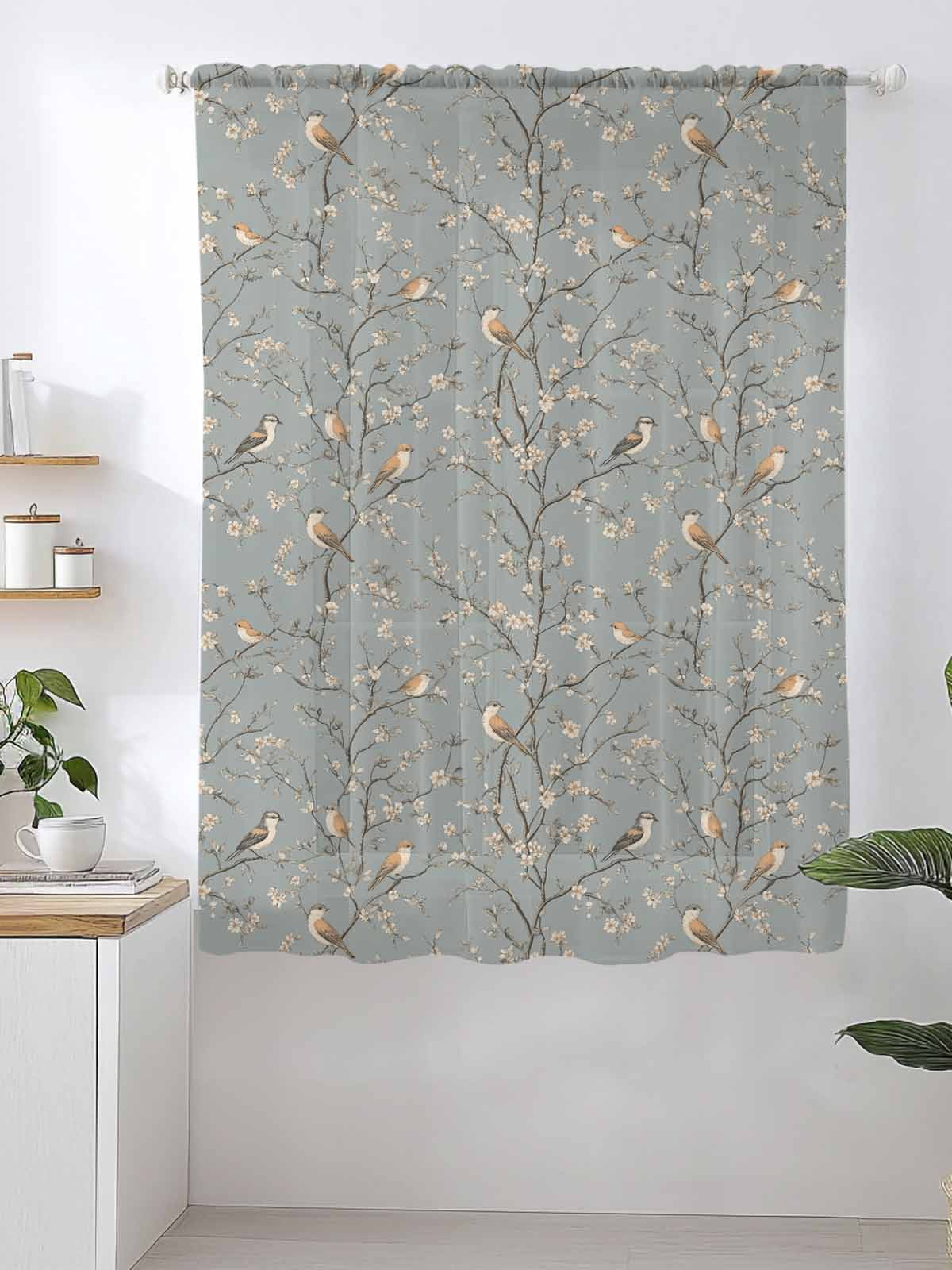 Bird Flowers Sheer Curtains 72 Inch Long 1 Panel Branch Vintage Retro ...