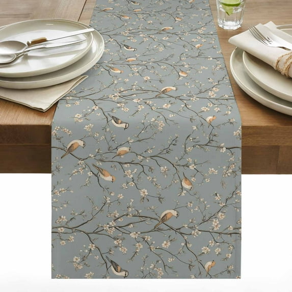 Bird Flowers Table Runner 13x72 inch Branch Vintage Cotton Linen Dining ...