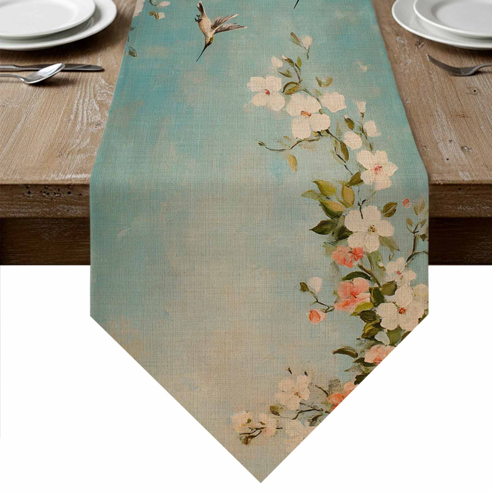 Bird Flowers Table Runner Linen Burlap Table Runner 70 Inches Long ...