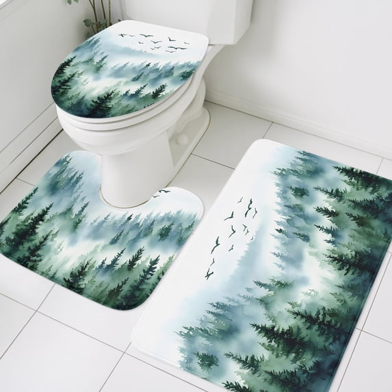 Bird Fog Forest Bathroom Rugs Set Abstract Spring Dark Green Forest ...