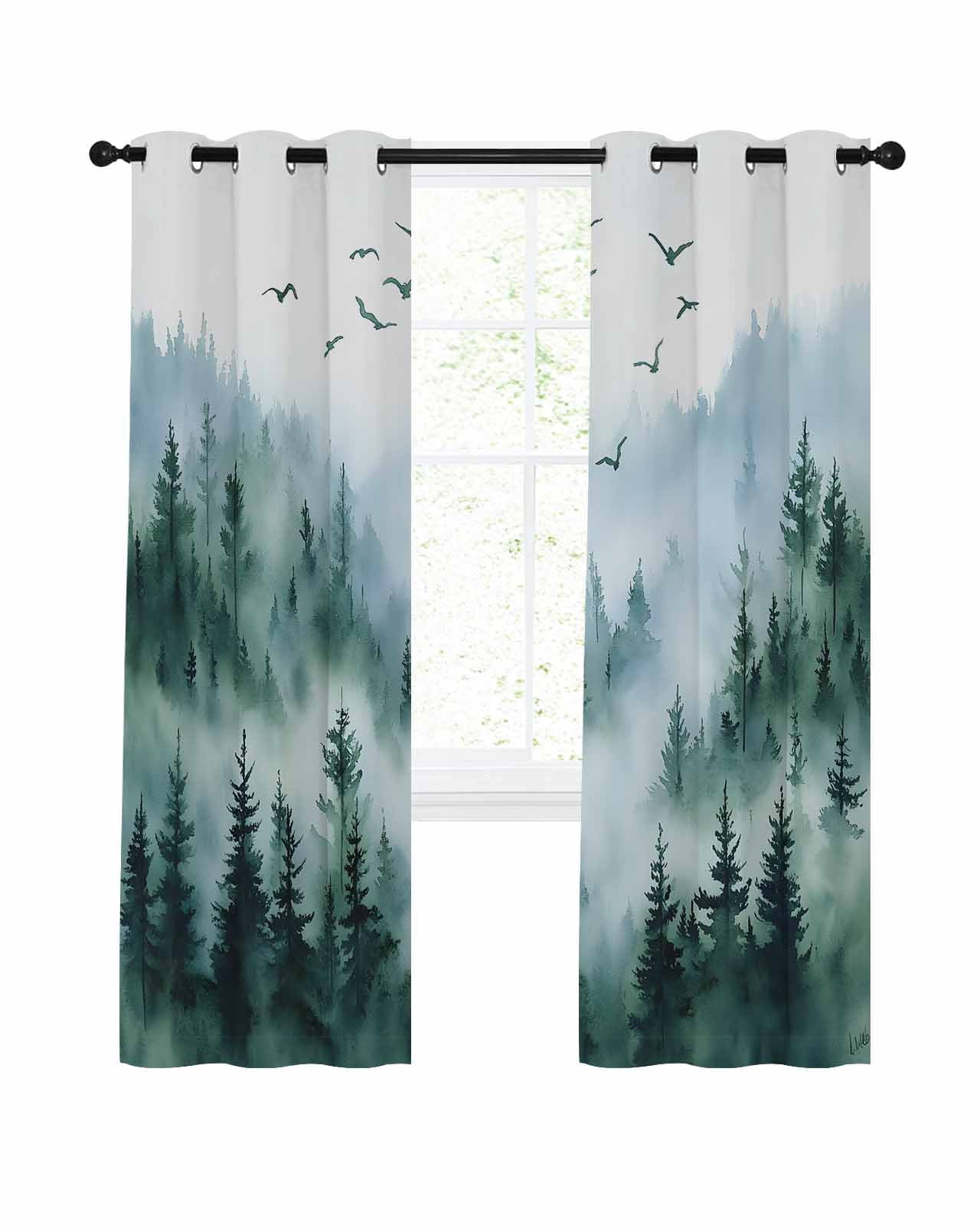 Bird Fog Forest Blackout Curtains 63 Inch Length Abstract Spring Black ...
