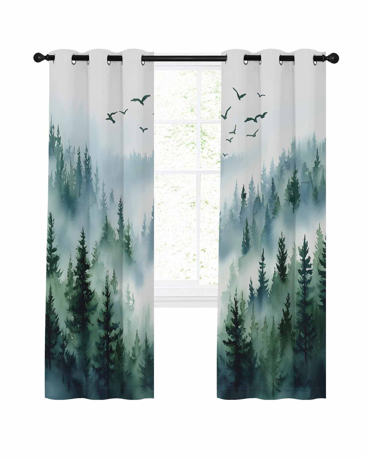 Bird Fog Forest Blackout Curtains 63 Inch Length Abstract Spring Dark ...